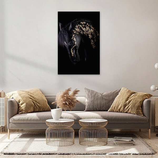 Blackfoto zwart fries paard met bladgoud - Sfeer aan de Muur
